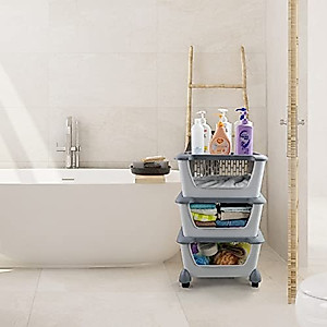 Vcansay 3 Tiers Plastic Large Stacking Organizer Baskets with Lid, Plastic Stacking Bins with Wheels