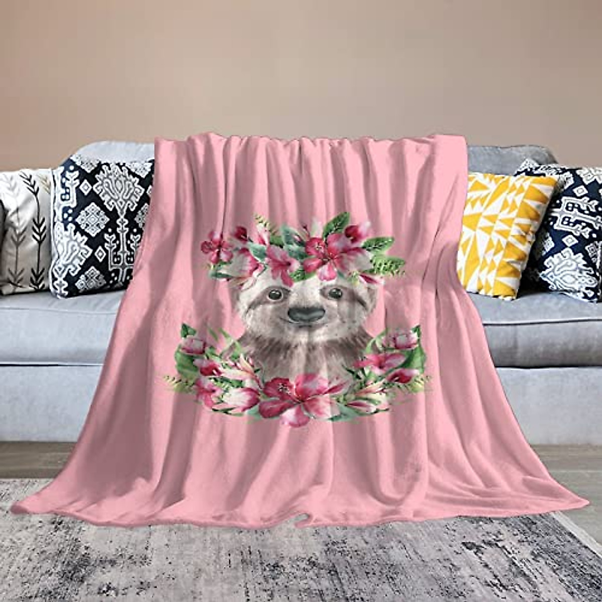 Watercolor Cartoon Sloth Throw Blanket for Couch Bed Flannel Lap Blanket Lightweight Cozy Plush Blanket for All Seasons 50"x70"