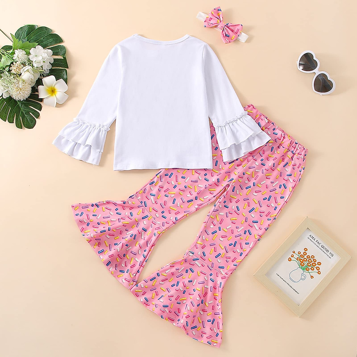 vchoohce Toddler Baby Girl Birthday Outfits Sweet Long Sleeve T-shirt Top Doughnut Bell-Bottoms Pants Headband 3Pcs Clothes Set (Long Sleeve-B Sweet Two,2-3T)