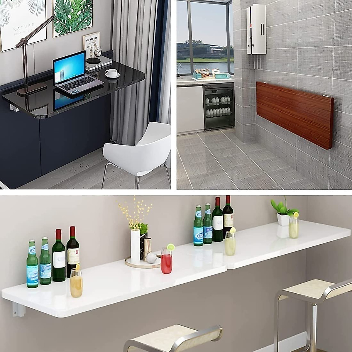 Laundry Folding Table, Wood Wall Mounted Table, Bracket Heavy Duty Stable Sturdy Wall Table, Floating Folding Table, Sturdy Hanging Table for Apartment, Study, Bedroom Kitchen Room Restaurant ( Color