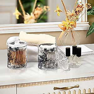 ALAZA 2 Pack Qtip Holder Dispenser Cool Black Marble Bathroom Organizer Canisters for Cotton Balls/Swabs/Pads/Floss,Plastic Apothecary Jars for Vanity