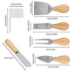 DaKuan Wood Handle Cheese Knives Spreaders Set with Blank Toothpick Flags, 10 Pieces Cheese Slicer Cheese Cutter Condiment Knives Set and 100 Pieces White Flags Labeling Cheese Markers