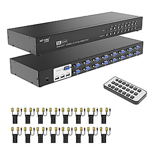 MT-VIKI 16 Port KVM Switch, 16X1 Rackmount KVM Switch VGA, Included 16 KVM Cables & IR Remote, Fit 1U 19'' Rack