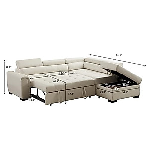 Convertible Sectional Sofa with Pull Out Bed and Adjustable Headrest , Faxu Leather Upholstered Reversible Corner Couch with Chaise and Removable Ottoman, L Shaped Tufted Sofa&Couches for Living Room