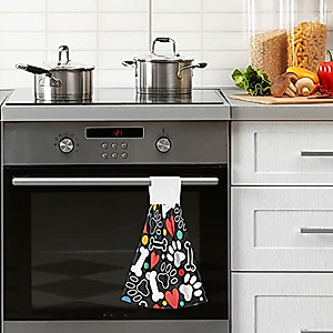 SLHKPNS Paw Prints Bones Hearts Kitchen Hanging Hand Towels, Funny Valentines Absorbent Tie Towel with Loop 2 PCS Kitchen Linen Sets for Bathroom Restroom Home Decor