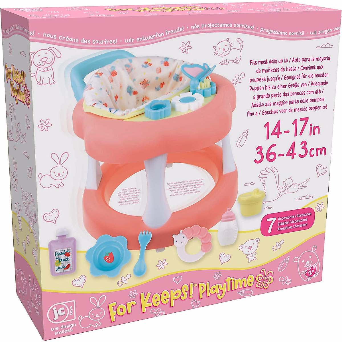 JC Toys - For Keeps Playtime! | Baby Doll Walker Gift Set | Fits Dolls up to 17" | Cloth Seat for easy use and Play Accessories | Ages 2+