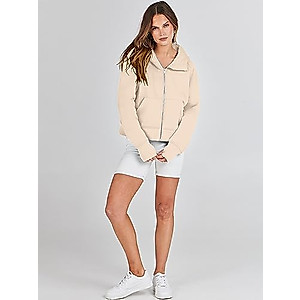 ANRABESS Women's Cropped Hoodies 2023 Fall Plain Jacket Cute Teen Girl Athletic Tops Ribbed Knit Casual Long Sleeve Fleece Sweatshirts Zip Up Hippie Clothes Thumb Hole A1015shenkaqi-S Apricot
