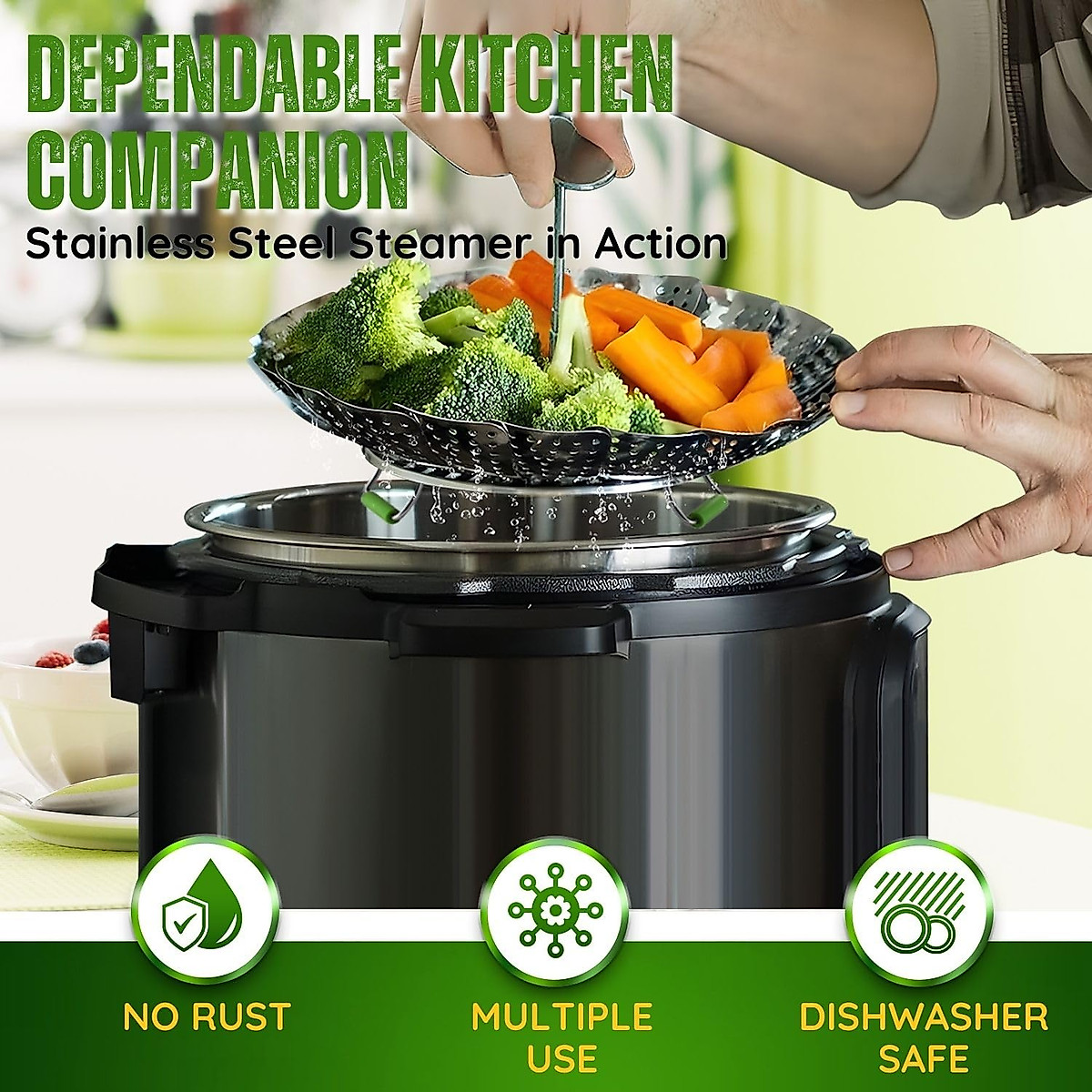 Flexzion Vegetable Steamer Basket for Pot - Stainless Steel Steaming Basket for Veggie, Fish, Meats, Eggs - Extendable Expandable Foldable Steam Basket w/Handle for Various Pot Size, 7 to 11 Inch