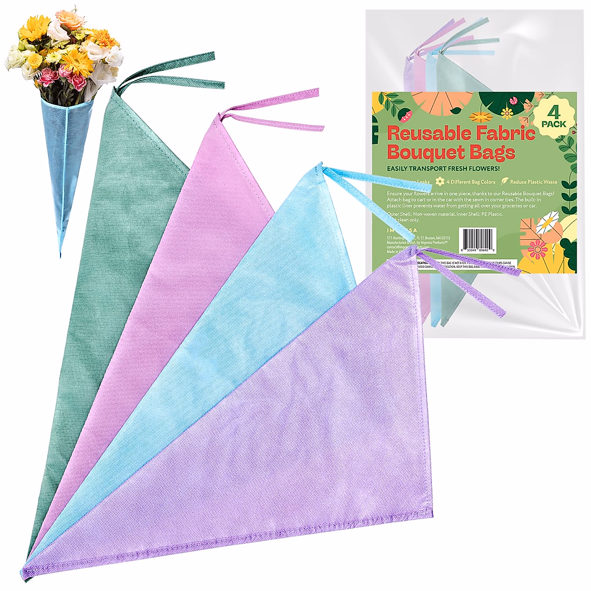 IMPRESA [4 Pack Reusable Bouquet Bags - No Leak Flower Bags for Bouquets - Colorful for Flowers - Flower Bouquet Sleeves - Flower Gift Bags for Valentine's, Weddings, Mother's Day, Anniversary