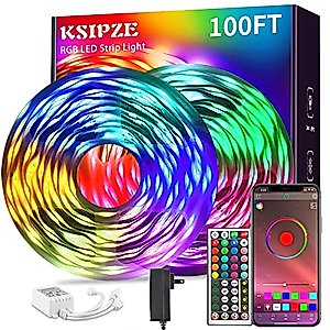 KSIPZE 100ft Led Strip Lights (2 Rolls of 50ft) RGB Music Sync Color Changing,Bluetooth Led Lights with Smart App Control Remote,Led Lights for Bedroom Room Lighting Flexible Home Decor