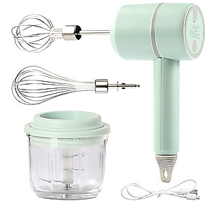 NAYAHOSE Hand Mixer Electric Garlic Chopper Egg Beater, Cordless Handheld Food Processor with 300ML Glass Container, 3 Speed Adjustable, USB Rechargeable Electric Whisk for Cooking Baking