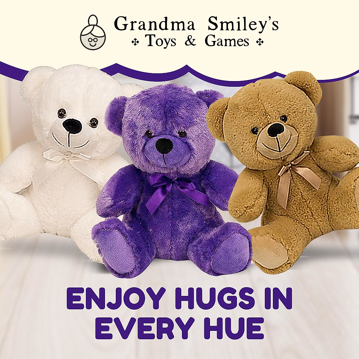 Grandma Smiley's Plush Best Friends Super Color Purple Teddy Bear Stuffed Animal, 9-inch Hypoallergenic Small Teddy Bears for Christmas, Newborn Baby Shower, Girlfriend, Boyfriend, Graduation