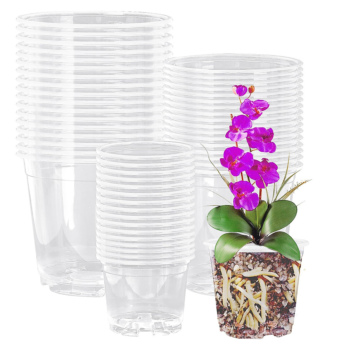 Oubest 50Pcs Clear Nursery Pots Variety Pack Plastic Pots for Plants Orchid Potting 3.5 5 6 Inch Mix Seedling Pots with Drainage Holes Indoor Outdoor Flower Pots