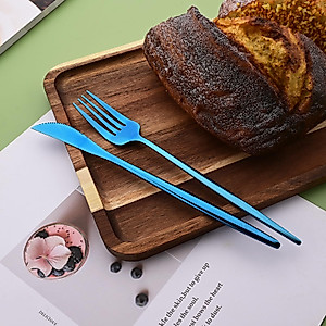 Uniturcky 62-Piece Blue Flatware Set for 8 Stainless Steel Silverware Set with Steak Knives, Plus Reusable Metal Straws and Butter Knives, Party Tableware Cutlery Set, Mirror Polished