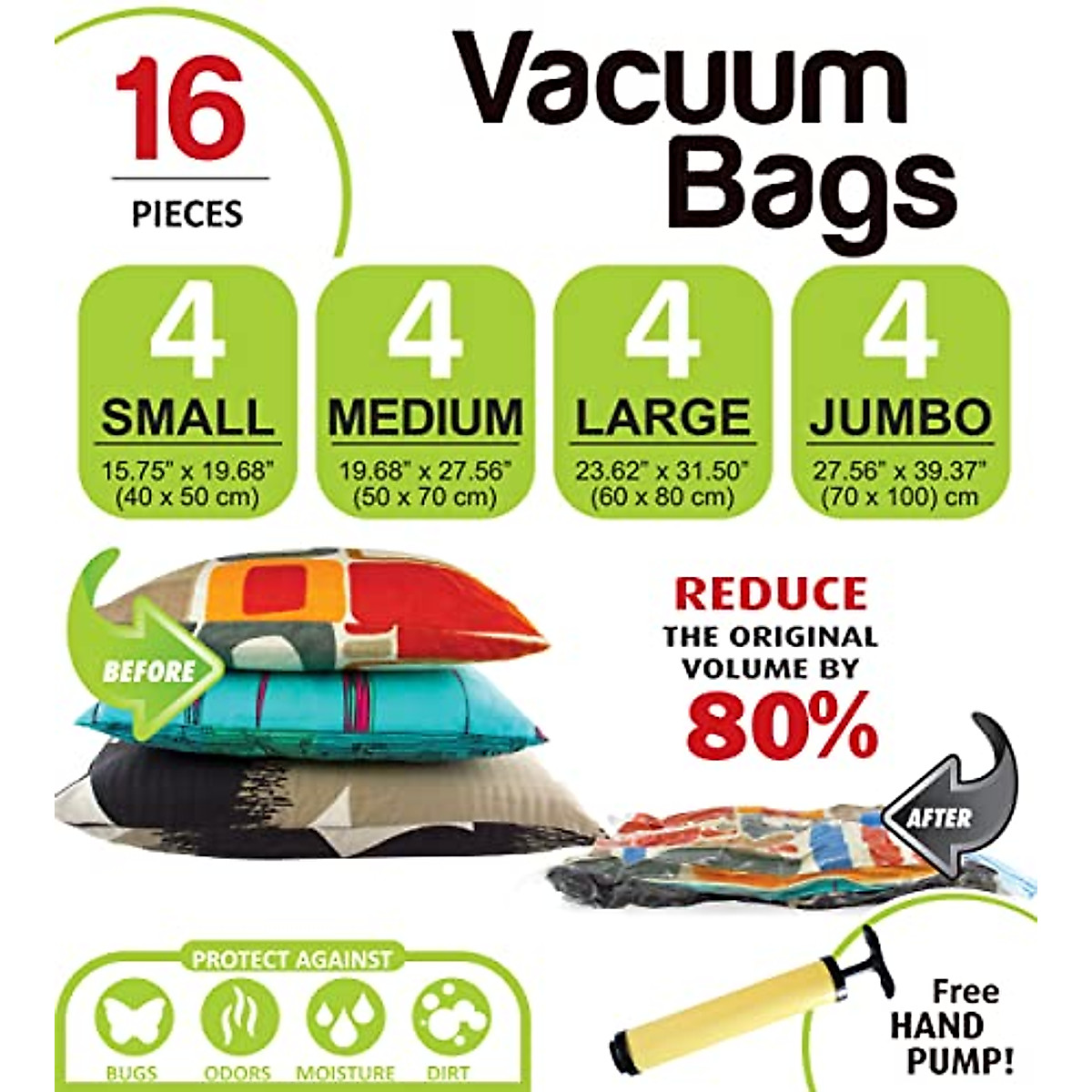 16 Pack Vacuum Storage Bags, Space Saver Bags (4 Jumbo/4 Large/4 Medium/4 Small) Vacuum Sealer Bags for Clothes Storage with Travel Hand Pump