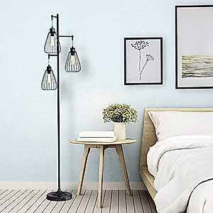 Tangkula 3 Lights Industrial Floor Lamp, Rustic 3-Head Tall Lamp, 67Inch Metal Standing Lamp, Tree Lamp with 3 Hanging Lampshade, Cage Floor Lighting for Farmhouse Living Room Kitchen Bedroom (Black)