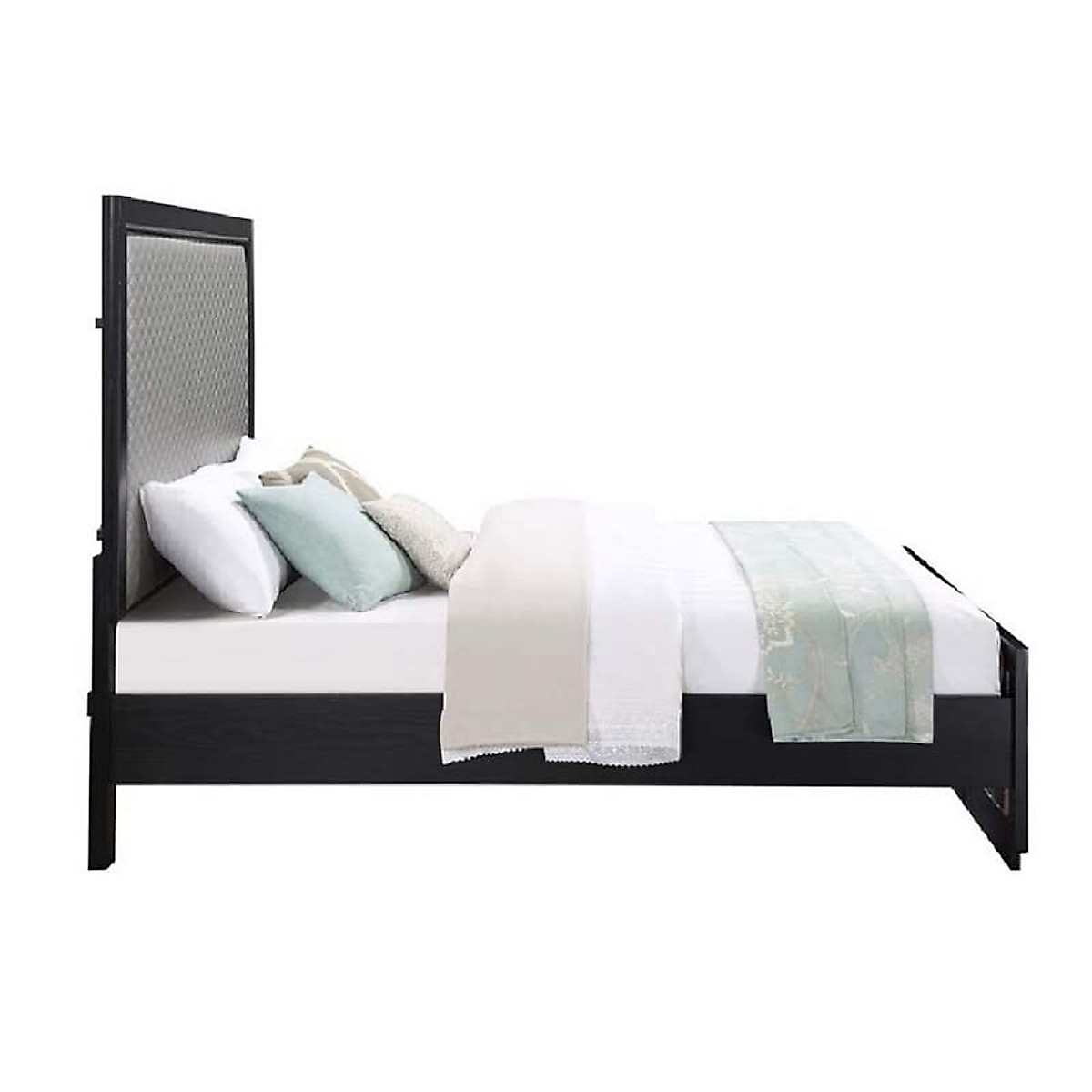 Benjara Nex Modern King Bed Stylish Black Wood Frame Vegan Faux Leather Padding