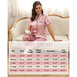 goodmansam Women's Satin Pajamas Set 2 Piece Pj Set Sleepwear Notch Collar Short Sleeve T-Shirt Button-Down Loungewear with Long Pants Pink Small