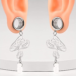 DOEARKO 2PCS Mushroom-Pendant Natural Stone Hypoallergenic Stainless Steel Dangle Ear Plugs Tunnels Ear Gauges Stretcher Pair Selling 2g 0g Piercing Body Jewelry (8mm(0G), Silver)