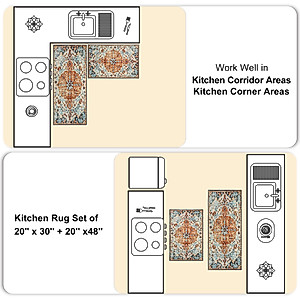 Lahome Bohemian Thin Kitchen Rug Set of 2, Stain Resistant Kitchen Rug and Mat Non Skid Washable Standing Mat Waterproof Floral Sink Rug for Kitchen Floor, 20X30+20X47