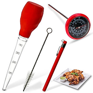 Meat Thermometer and Turkey Baster Kit | Stainless Steel Analog Meat Thermometer Bundle – Includes Turkey Baster and Cleaning Brush | Instant Read Turkey Thermometer for Cooking