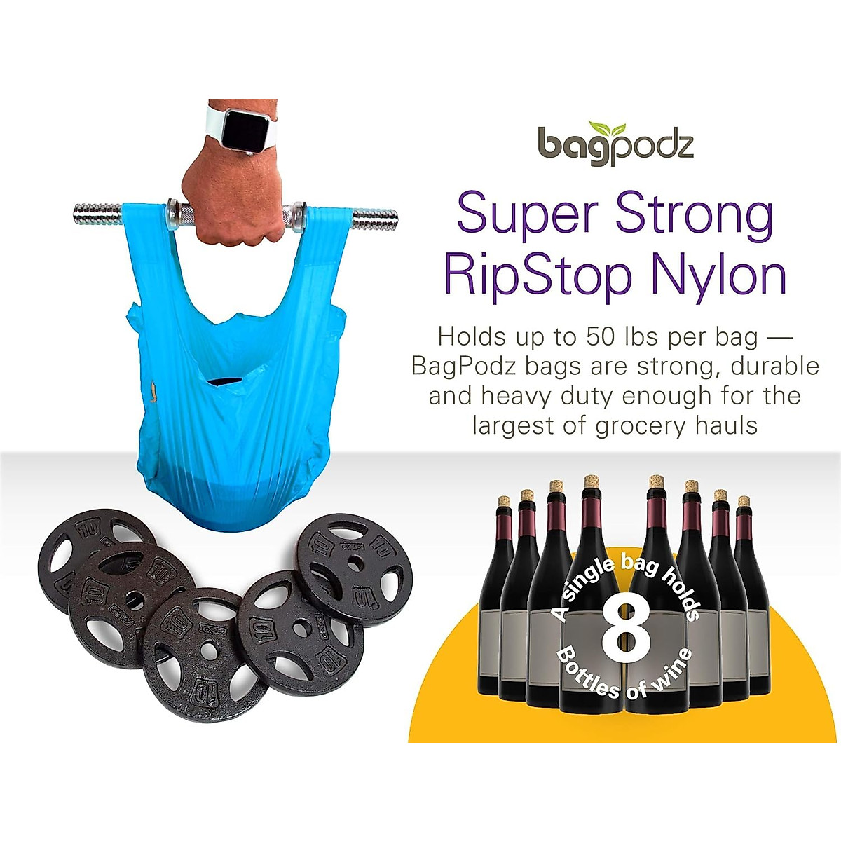 BagPodz Reusable Shopping Bags Inside a Compact Pod with Carry Clip RipStop Nylon Holds 50lbs Very Sturdy, 5 Pack in Blue