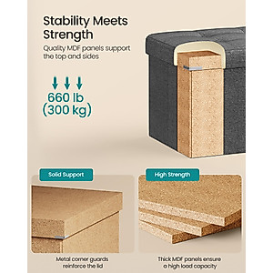 SONGMICS 43 Inches Folding Storage Ottoman Bench, Storage Chest, Foot Rest Stool, Bedroom Bench with Storage, Holds up to 660 lb, Dark Gray ULSF77K