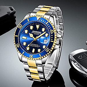 Tiong Watches Mens Fashion Business Stainless Steel Auto Date Waterproof Analog Quartz Watch Silver Emerald Green Watch Wristwatches for Men (Silver Blue)