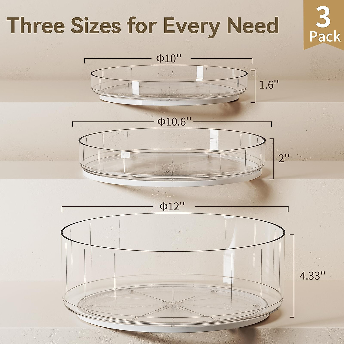 LAMU 3 Pack Lazy Suan Tunrntable Organizer for Cabinet Refrigerator 10''/10.6''/12'' with Raised Edge Rotating Spice Rack for Fridge Kitchen Pantry Organizers and Storage, Countertop, Bathroom, Clear