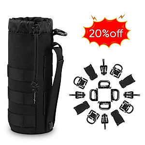 FUNANASUN Tactical Water Bottle Pouch, Drawstring Military H2O Molle Water Bottle Holder Bag Mesh Hydration Carrier Black
