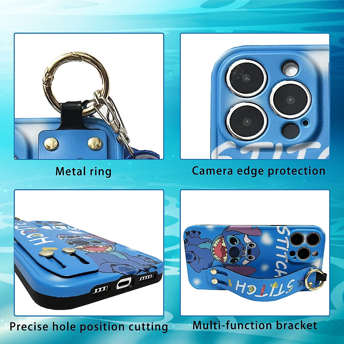 Hosiss Cartoon Case for iPhone 13 6.1'' with HD Screen Protector, Stitch Upgraded Wrist Strap Band Adjustable Lanyard TPU Shockproof Protective Phone Case for Women Girls