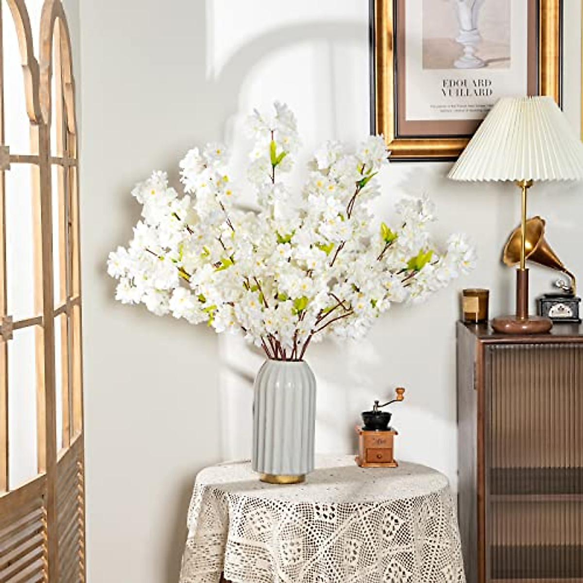 Luyue 42in Artificial Cherry Blossom White Flowers 6 Pack Silk Cherry Blossoms Branches Fake Sakura Flower Trees Decor for Wedding Decoration Home Office