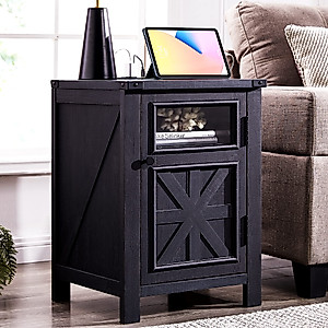 JXQTLINGMU Farmhouse End Table with Charging Station, 18'' Rustic Nightstand with Barn Door & Adjustable Shelf, Wooden Sofa Side Table with 3-Tier Storage for Living Room, Bedroom, Black