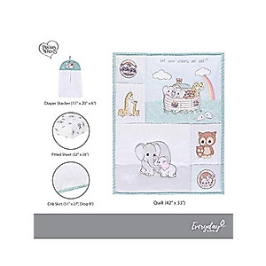 EVERYDAY KIDS Precious Moments Noah’s Ark 4 Pc Crib Bedding for Boys Nursery Set Includes Baby Bed Quilt, Fitted Sheet, Dust Ruffle and Diaper Stacker with Sweet Images of Elephants and Giraffes