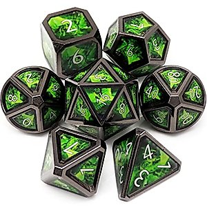 Haxtec Metal Dice Set D&D Acid Splash Real Scene Black Green Polyhedral DND Dice W/PU Leather Dragon Eye Dice Bag for TTRPG Dungeons and Dragons Gifts