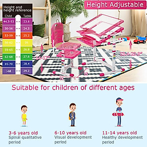 FDW Kids Desk Children Writing Student Desk Drafting Table Height Adjustable Study Table and Chair with Drawers Storage，Pink