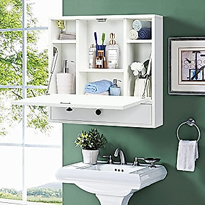 COSTWAY Wall-Mounted Computer Desk, Floating Desk with Storage Drawer & Shelves, Fold-up Desktop & Pneumatic Springs, Ideal for Home, Office, Dormitory, Small Spaces (White)