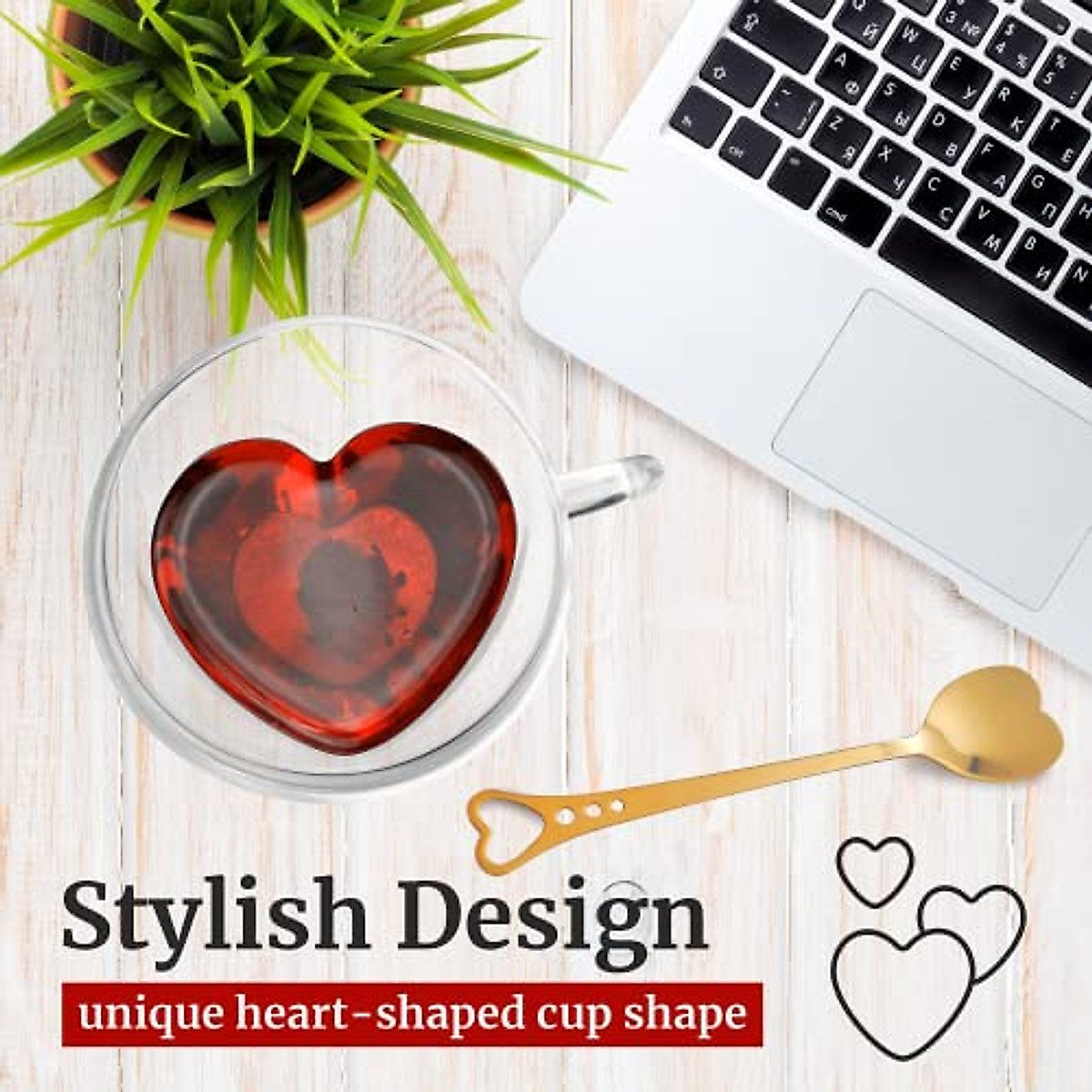 Lucy Sui Heart Shaped Cup - Double Walled Insulated Glass Coffee Mug or Tea Cup - Double Wall Glass 8oz (240ml) - Clear - Unique & Insulated with Handle - With Teaspoon