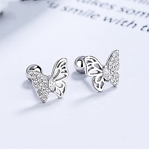 18G Cute Butterfly Stud Earrings Sterling Silver 925 Dainty Cubic Zriconia Crystal Cartilage Tragus Helix Earring Studs Barbell Bar with Screw Back Hypoallergenic Ear Piercing Jewelry Gifts for Women