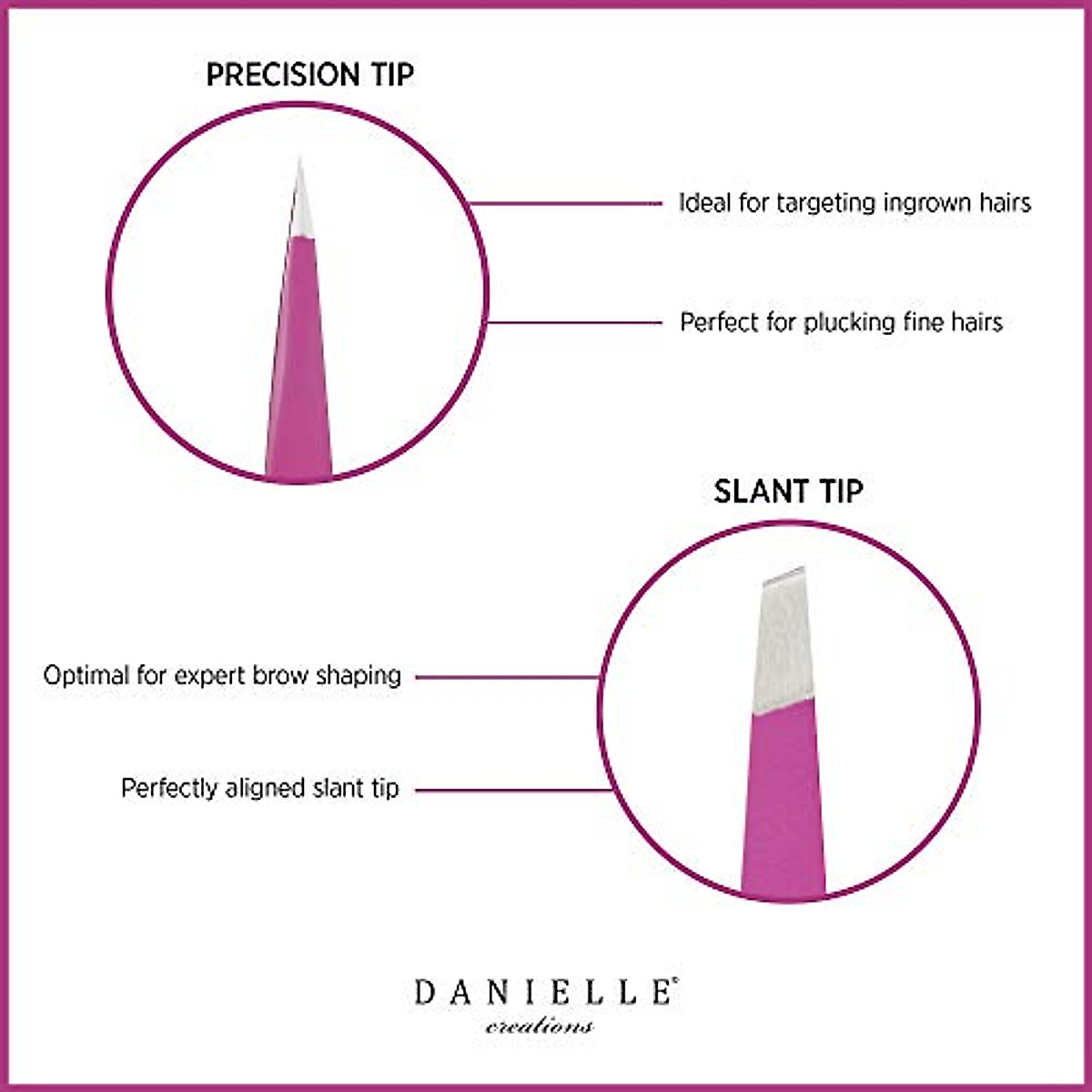 Danielle Creations Soft Touch Slant and Point Stainless Steel Tweezers, Pink
