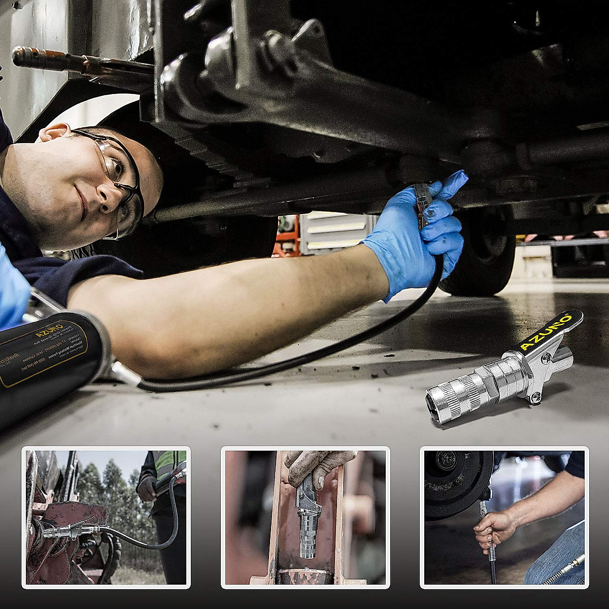 AZUNO Grease Gun Coupler, 2nd Generation Upgraded to 12,000 PSI, Grease Gun Tips Quick Lock and Release, Compatible with All Grease Guns 1/8" NPT Grease Gun Fittings (2 Pack)