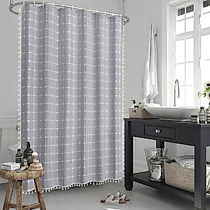 Boho Long Shower Curtain, 72x78 Inches Long Linen Thick Fabric Shower Curtain with Tassels,Tall Modern Farmhouse Neutral Textured Cloth Shower Curtains for Bathroom, Water Repellent, 72x78, Gray/Grey