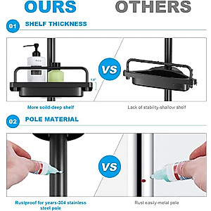 FRDECON Rustproof Shower Caddy Corner for Bathroom, 4-Tier Tension Pole Stainless Steel Shower Organizer, 56 to 117 Inch Adjustable Bathtub Shower Shelf Storage with 1 Tower Bar, Black