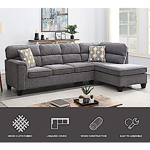 118" Wide Large Modern Upholstered L-Shaped Sectional Sofa with 2 Cushions, Modern Tufted Micro Cloth Couch with Soft Memory Foam Seats, 5 Seater Modular Sofa - Grey - Oliver & Smith