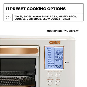 CRUX 6 Slice Digital Toaster Oven with Air Fry, TurboCrisp Technology with 11 Cooking Options, Adjustable Temperature and Removable, PFOA Free, Dishwasher-Safe Accessories, 1800W, White
