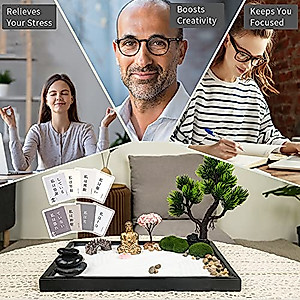 Mindful Gem Zen Garden for Desk, Positive Affirmations Cards, Bonsai Tree, Buddha Statue and Zen Garden Accessories - Home and Office Meditation Decor - Zen Gifts