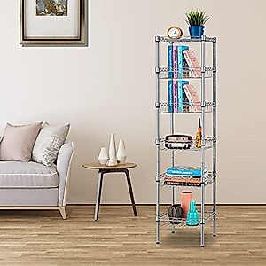 SINGAYE Storage Shelves, 6-Tier Wire Shelving Unit with Baskets Storage Rack Corner Shelf Shelving Adjustable Storage Shelf, 13.4" D x 13.4" W x 62.99" H,Silver