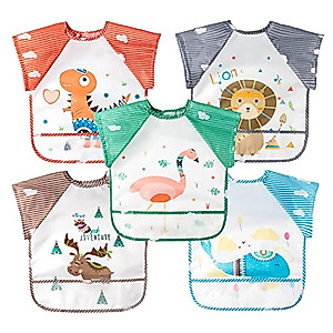 R HORSE 5Pcs Short Sleeved Bib for Baby Toddlers Waterproof Sleeved Bib with Crumb Capacity Pocket Animals Baby Bib Infants Feeding Bib with Deer Flamingo Lion Pattern for Baby Shower Age 0-36 months