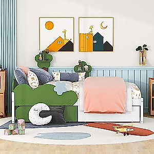Merax Twin Bed with Clouds and Rainbow Decor, Wood Bed Frame with Storage Drawers for Kids