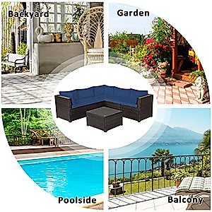 DORTALA 6PCS Rattan Patio Sectional Sofa Conversation Set, Outdoor Rattan Sofa Set w/Cushions, Multiple Combinations Conversation Set for Porch Garden Poolside Balcony, Navy